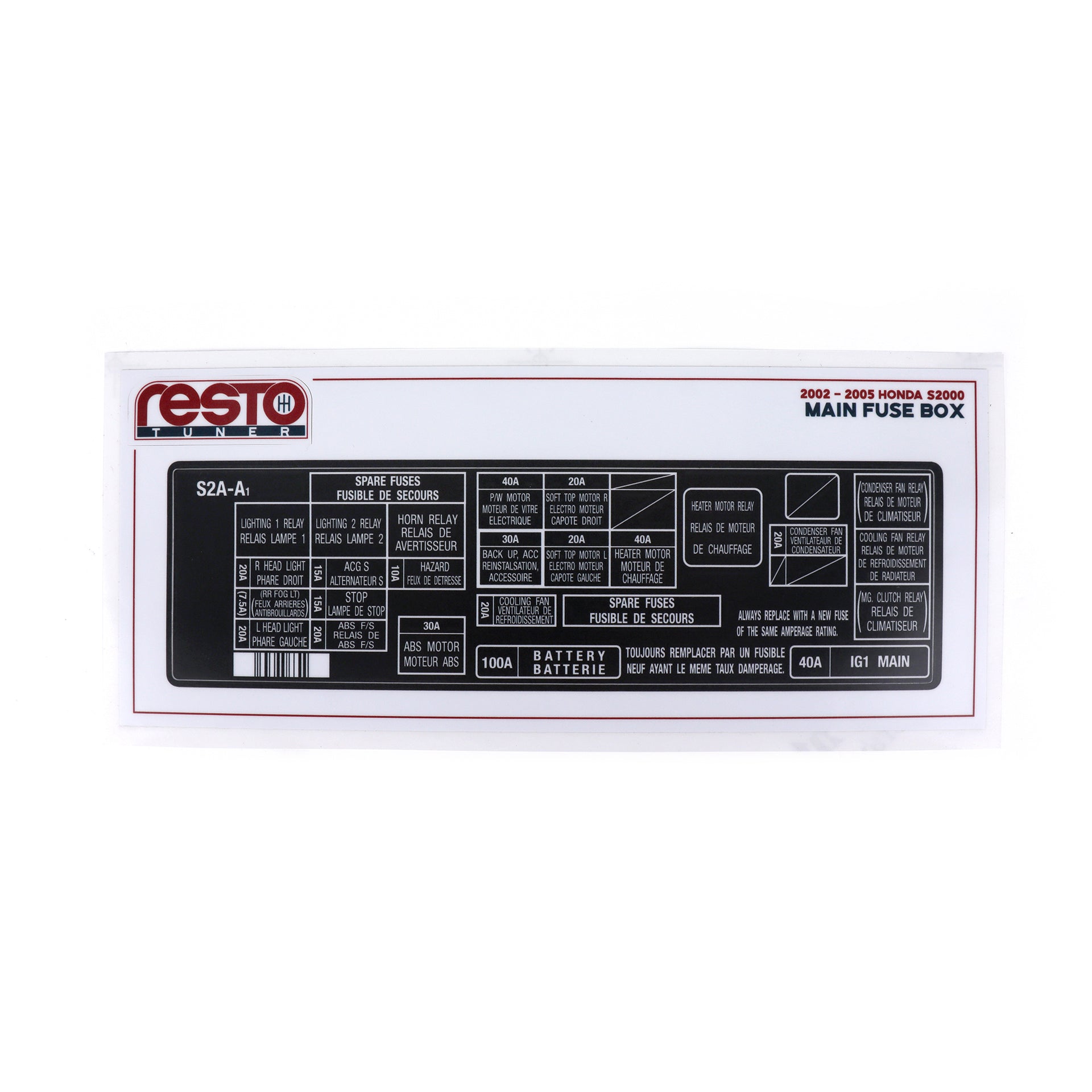 RestoTuner Honda S2000 Engine Bay Fuse Box Replacement Decal · Hybrid ...